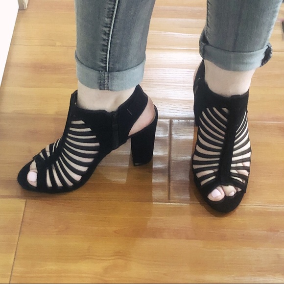 Shoes | Black Open Toe Bootiesandal Block Heel | Poshmark